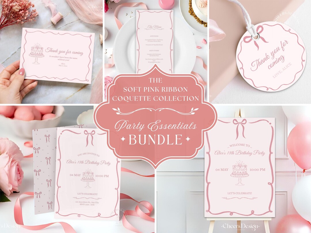 Soft Pink Ribbon Coquette Party Bundle | Editable Birthday Decoration ...