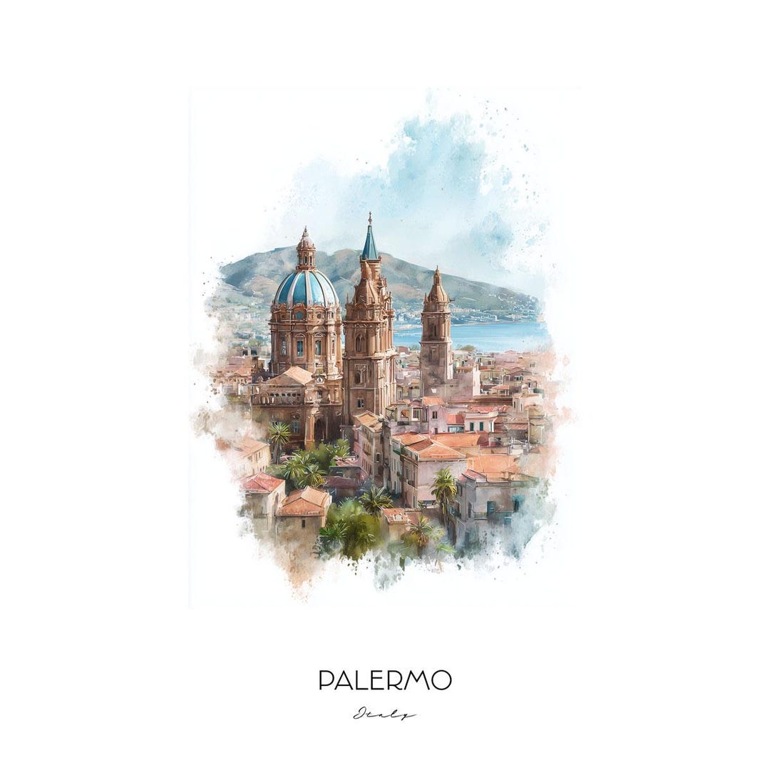 Palermo Italy Watercolor Art Print - Skyline Cityscape Wall Art ...
