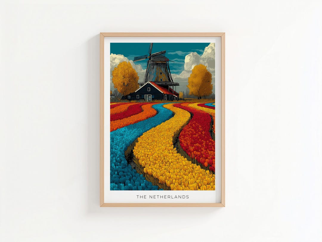 Netherlands Tulip Fields Vintage Travel Poster - Dutch Windmill Art ...