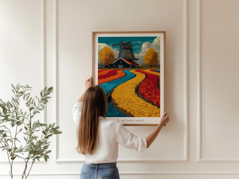 Netherlands Tulip Fields Vintage Travel Poster - Dutch Windmill Art ...