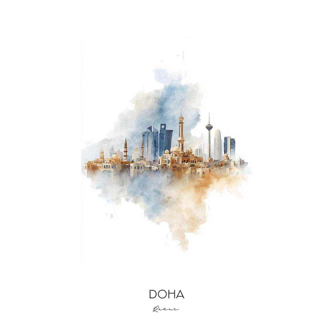 Doha Qatar Watercolor Art Print - Cityscape Wall Art Skyline Home Decor ...