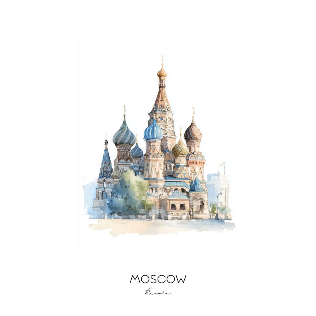 Moscow Russia Watercolor Art Print - Cityscape Wall Art - Red Square ...