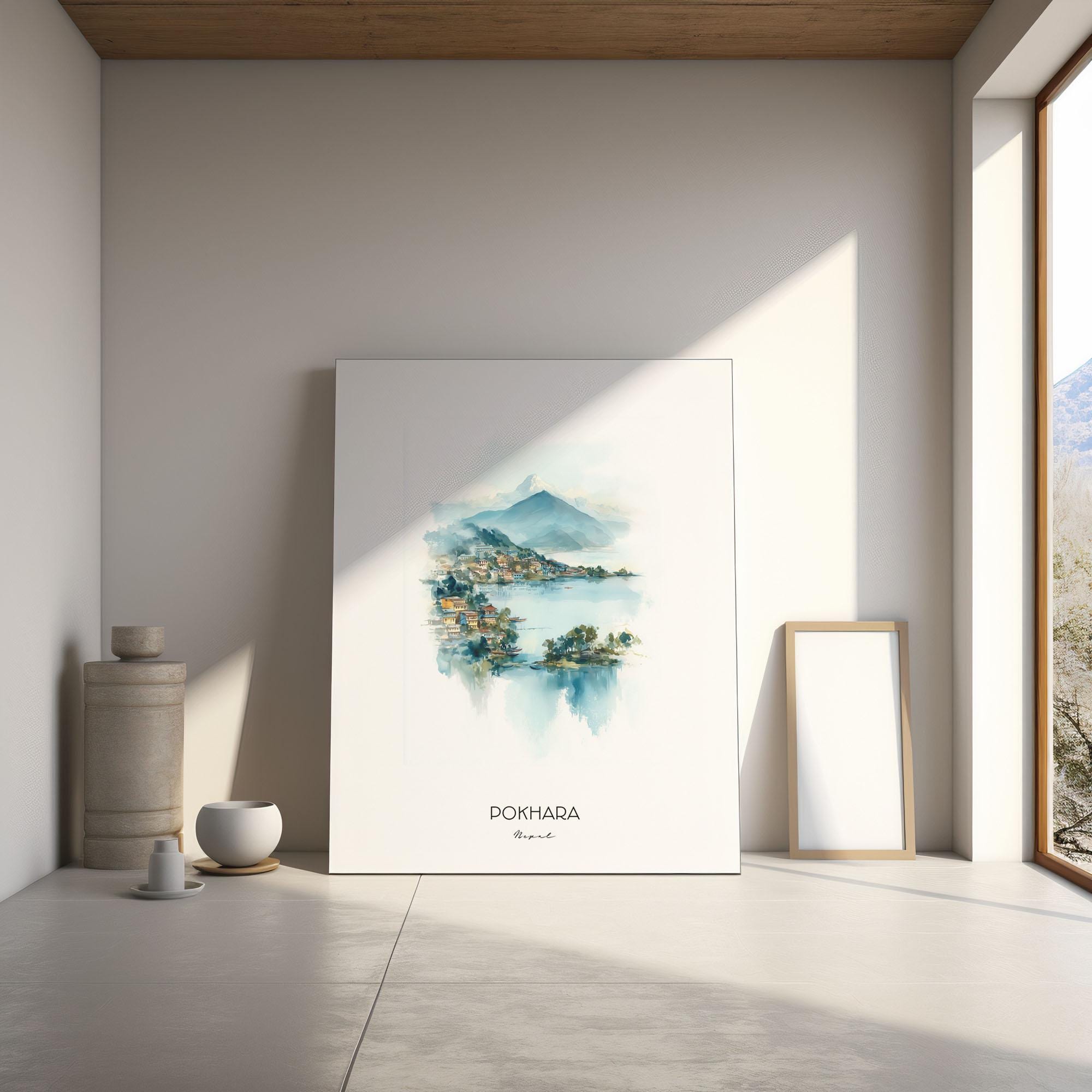 Pokhara Nepal Watercolor Art Print - Scenic Landscape Wall Art Home ...