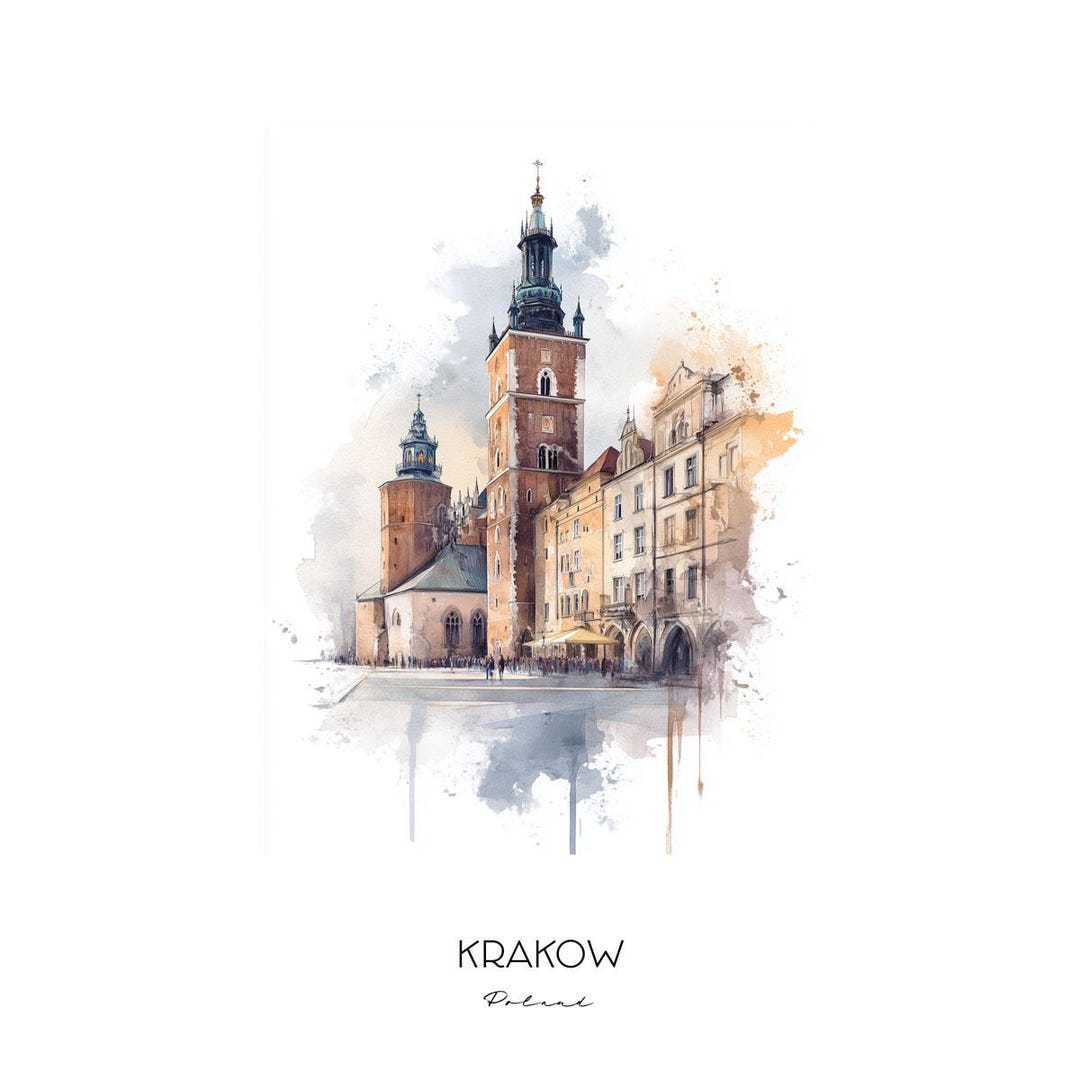 Krakow Poland Watercolor Art Print - Cityscape Landscape Wall Art ...