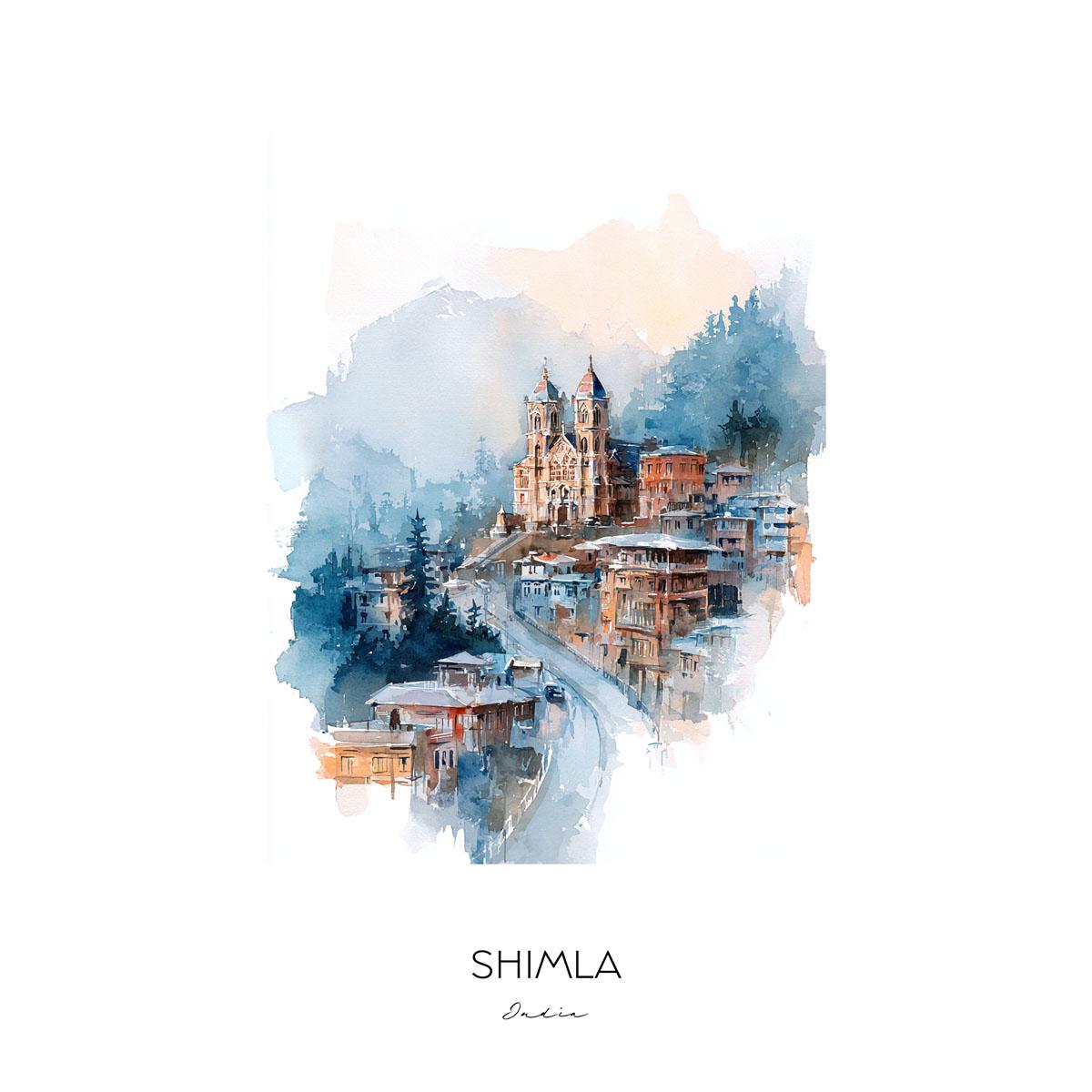 Shimla India Watercolor Art Print - Skyline Cityscape Landscape Wall ...