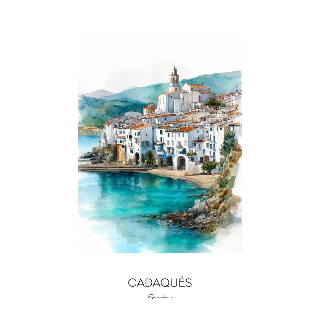 Cadaqués Spain Watercolor Art Print - Coastal Cityscape Wall Art Home ...