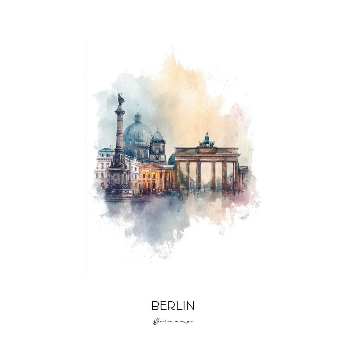 Berlin Germany Watercolor Art Print - Cityscape Skyline Wall Art ...