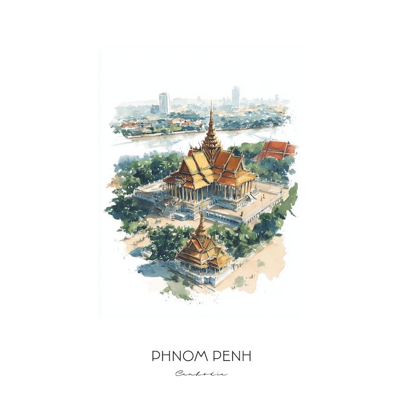 Phnom Penh Cambodia Watercolor Art Print - Cityscape Landscape Wall Art ...