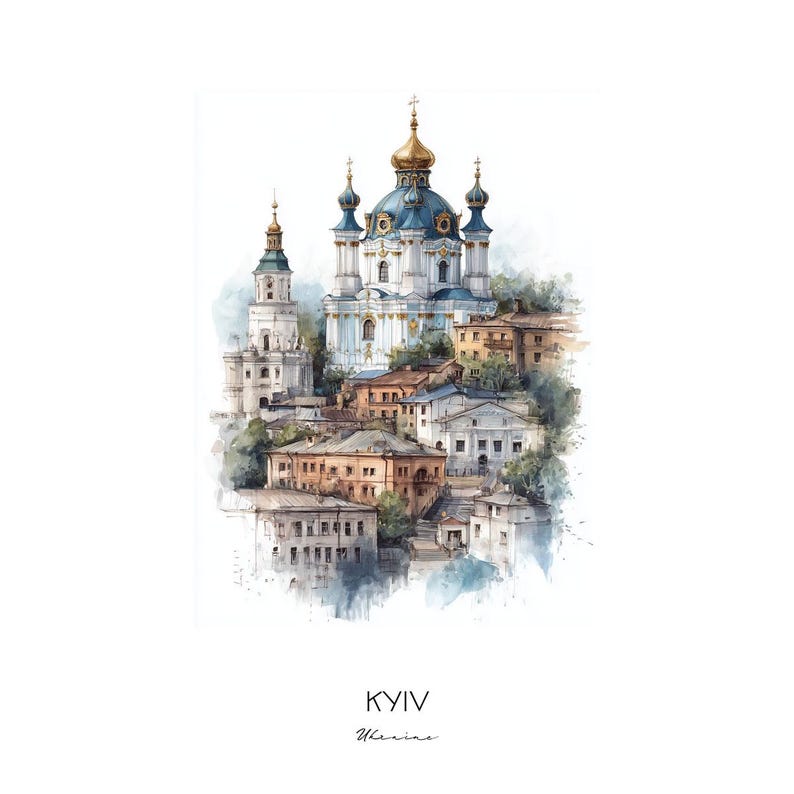 Kyiv Ukraine Watercolor Art Print - Cityscape Landscape Wall Art Home ...