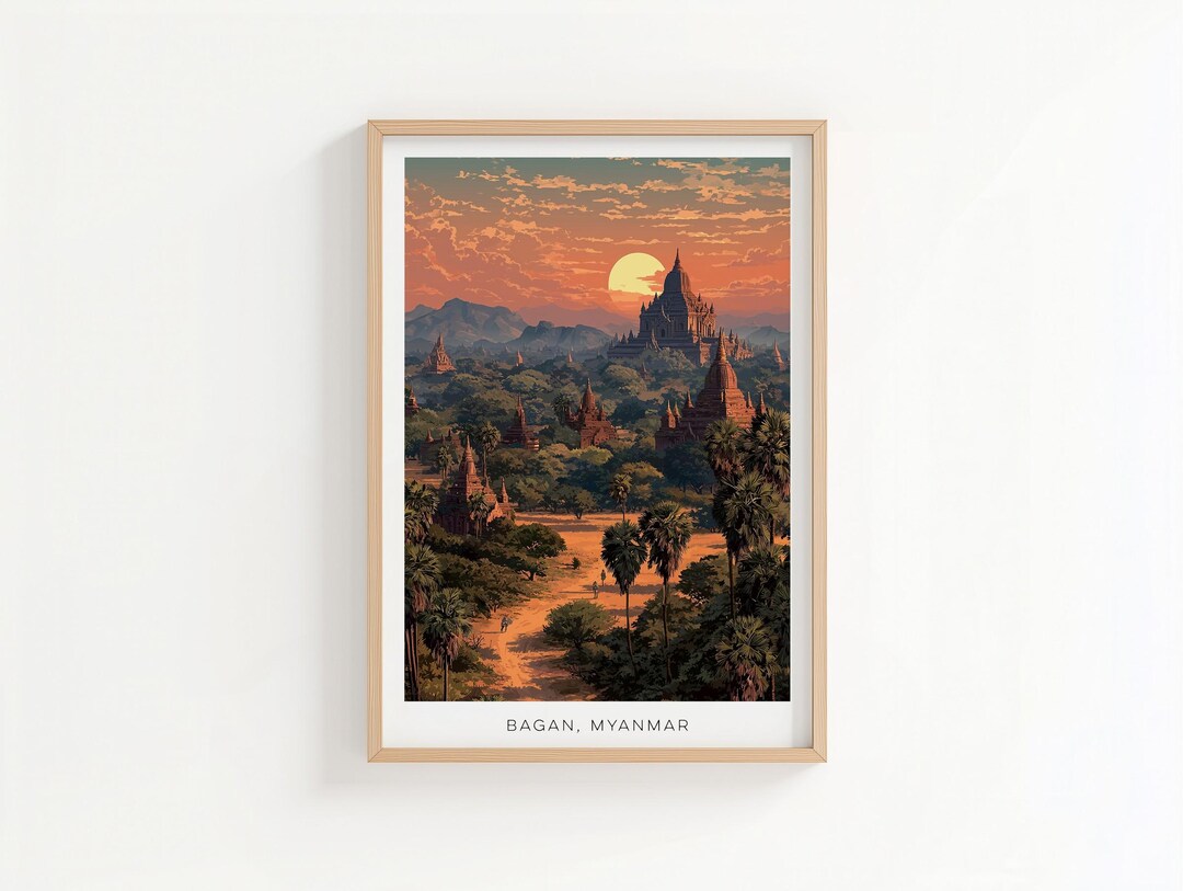Bagan Myanmar Vintage Travel Poster - Ancient Buddhist Temples Art ...