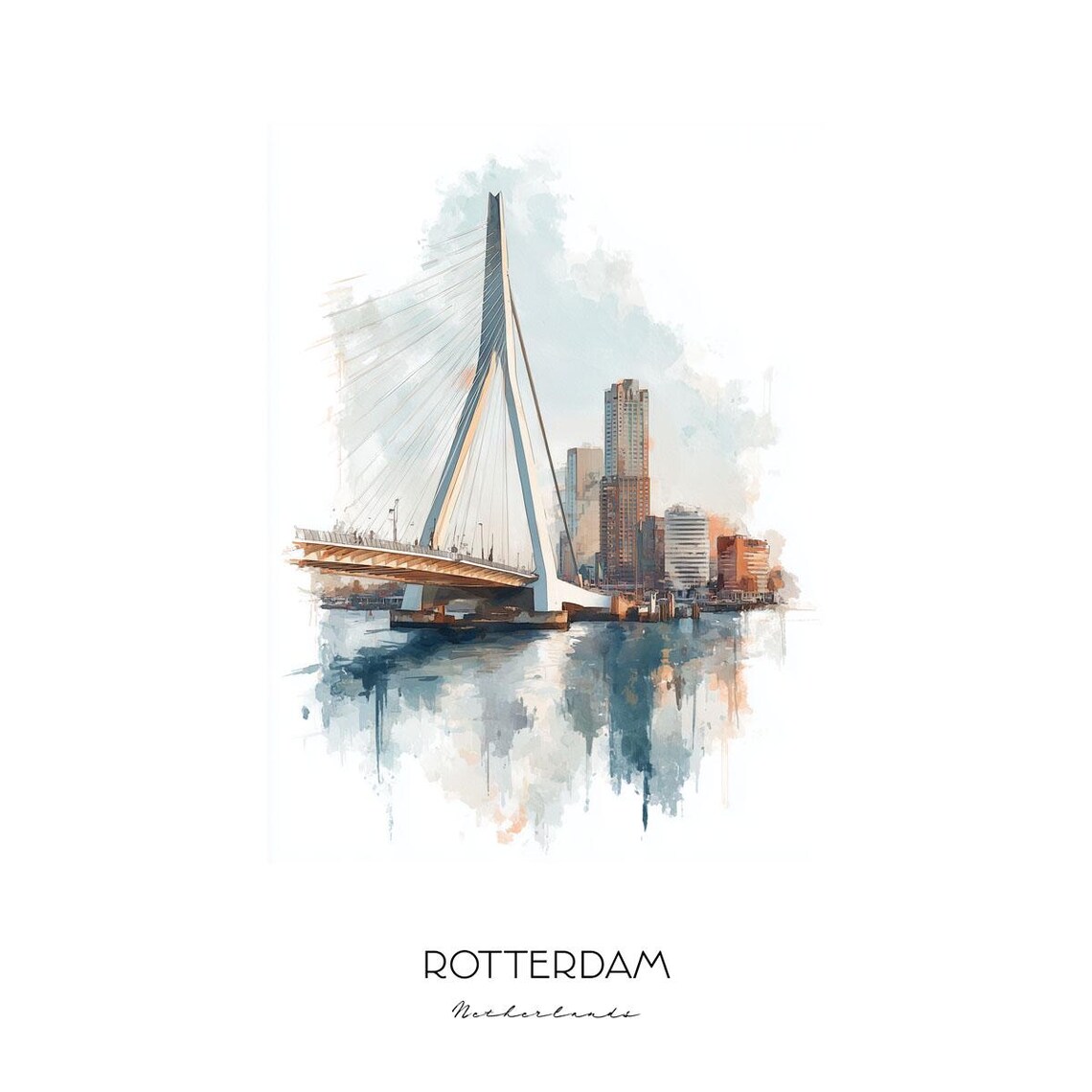Rotterdam Netherlands Watercolor Art Print - Skyline Cityscape Wall Art ...