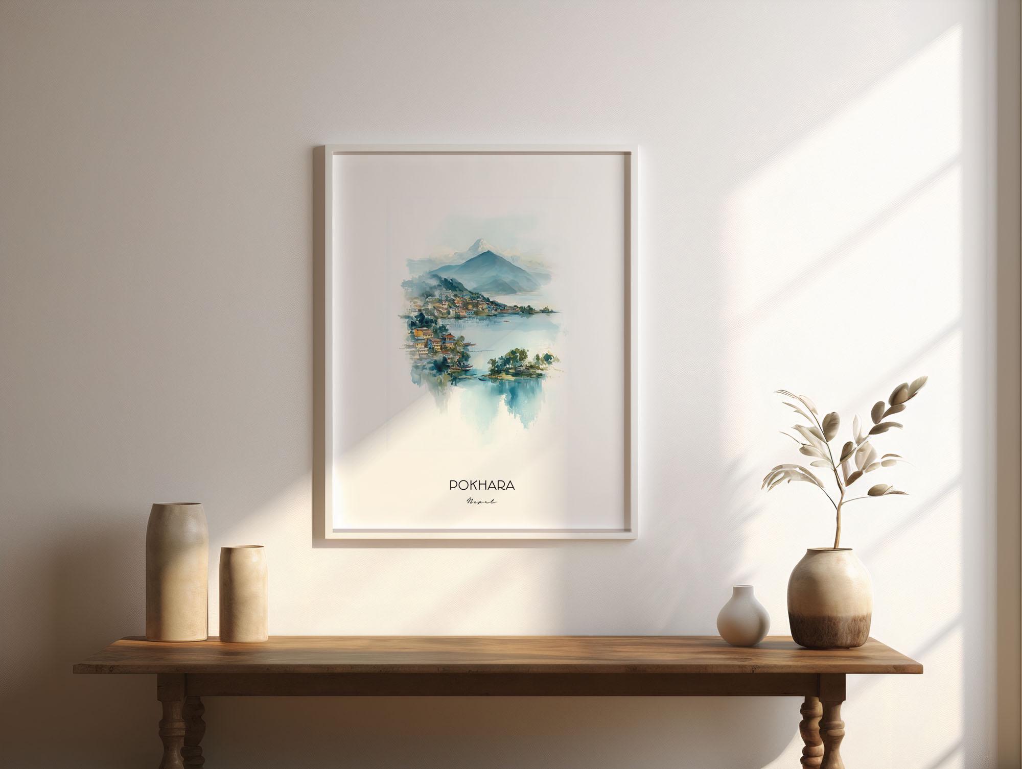 Pokhara Nepal Watercolor Art Print - Scenic Landscape Wall Art Home ...
