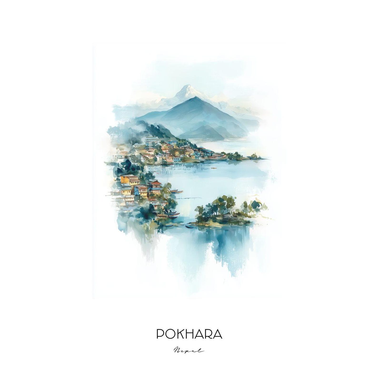 Pokhara Nepal Watercolor Art Print - Scenic Landscape Wall Art Home ...