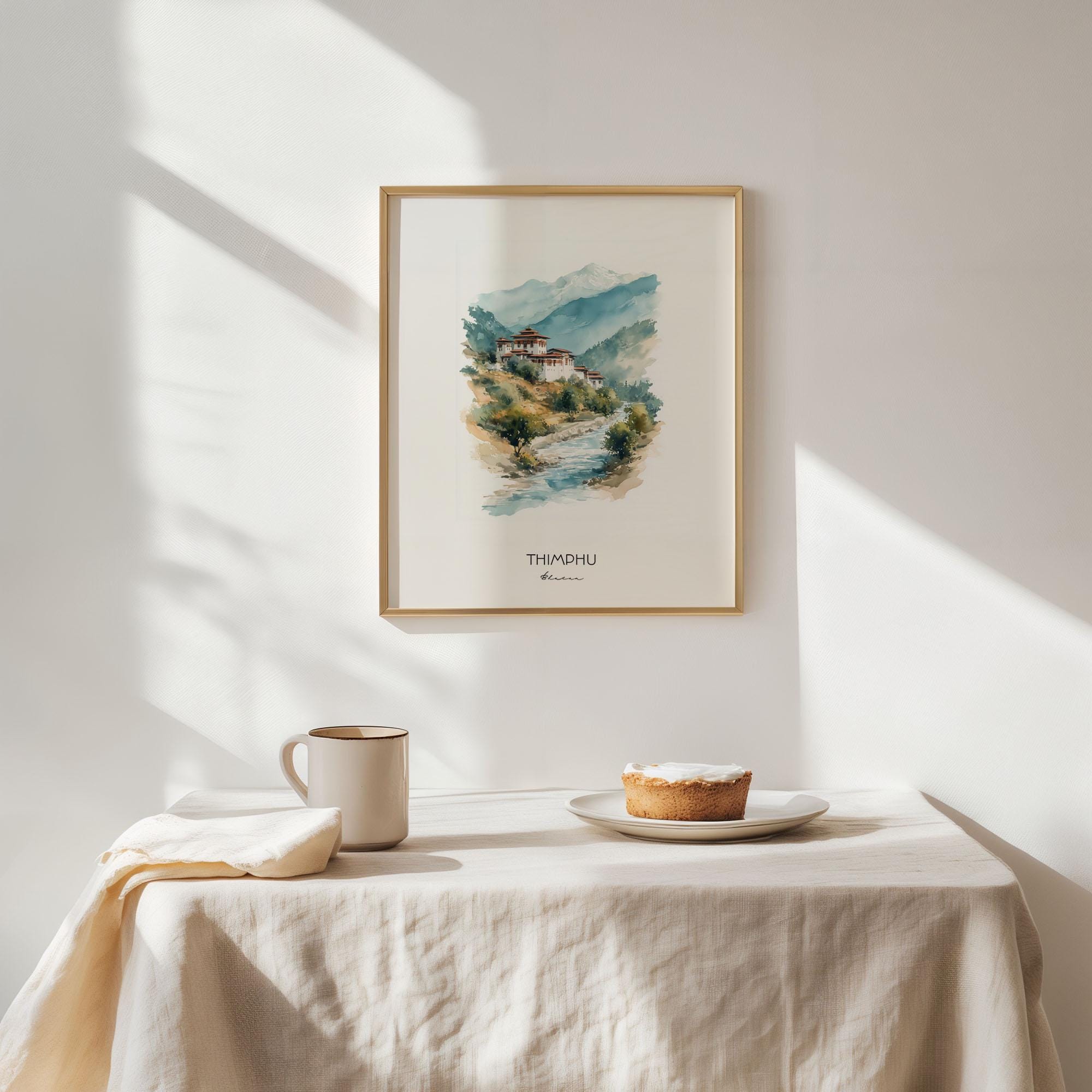 Thimphu Bhutan Watercolor Art Print - Cityscape Landscape Wall Art ...