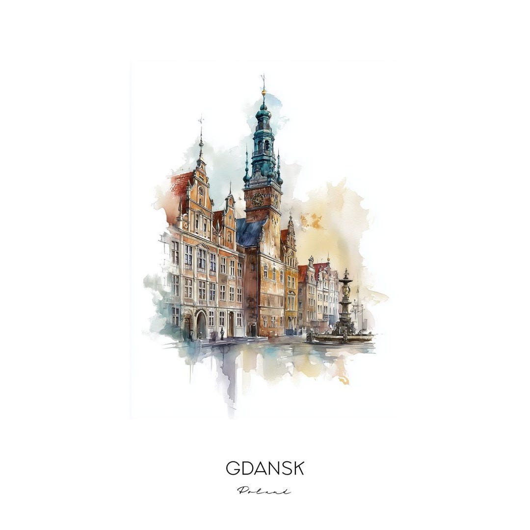 Gdansk Poland Watercolor Art Print - Cityscape Landscape Wall Art Home ...