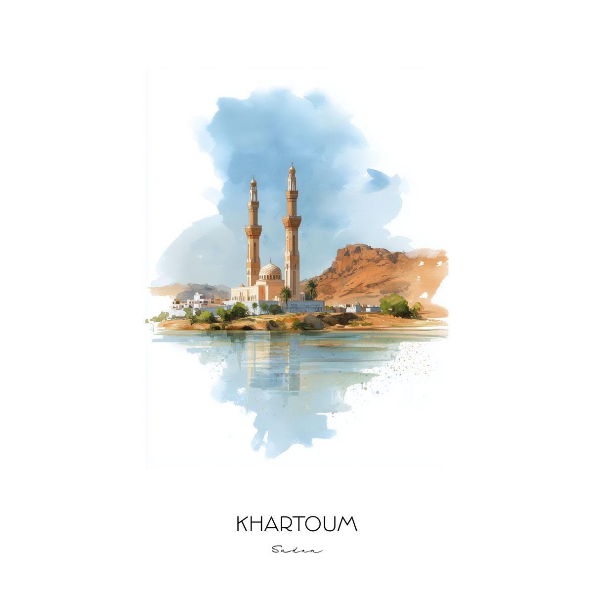 Khartoum Sudan Watercolor Art Print - Cityscape Landscape Wall Art Home ...
