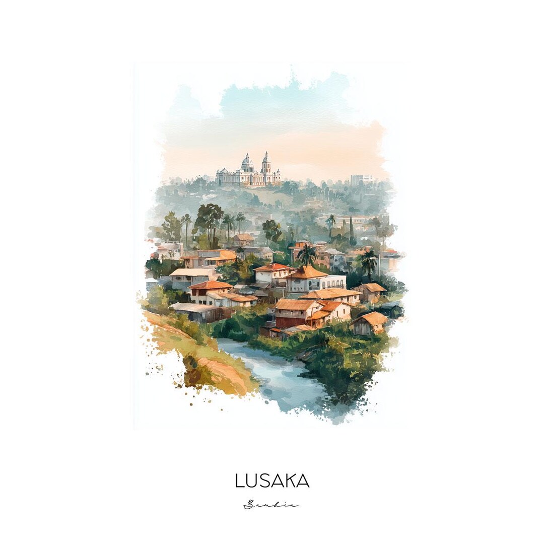 Lusaka Zambia Watercolor Art Print - City Skyscape Wall Art - Home ...