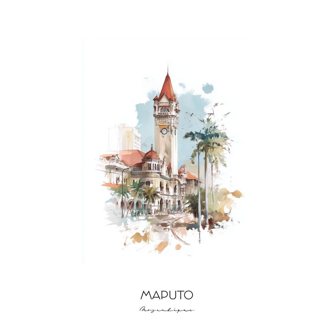 Maputo Mozambique Watercolor Art Print - Cityscape Landscape Wall Art ...