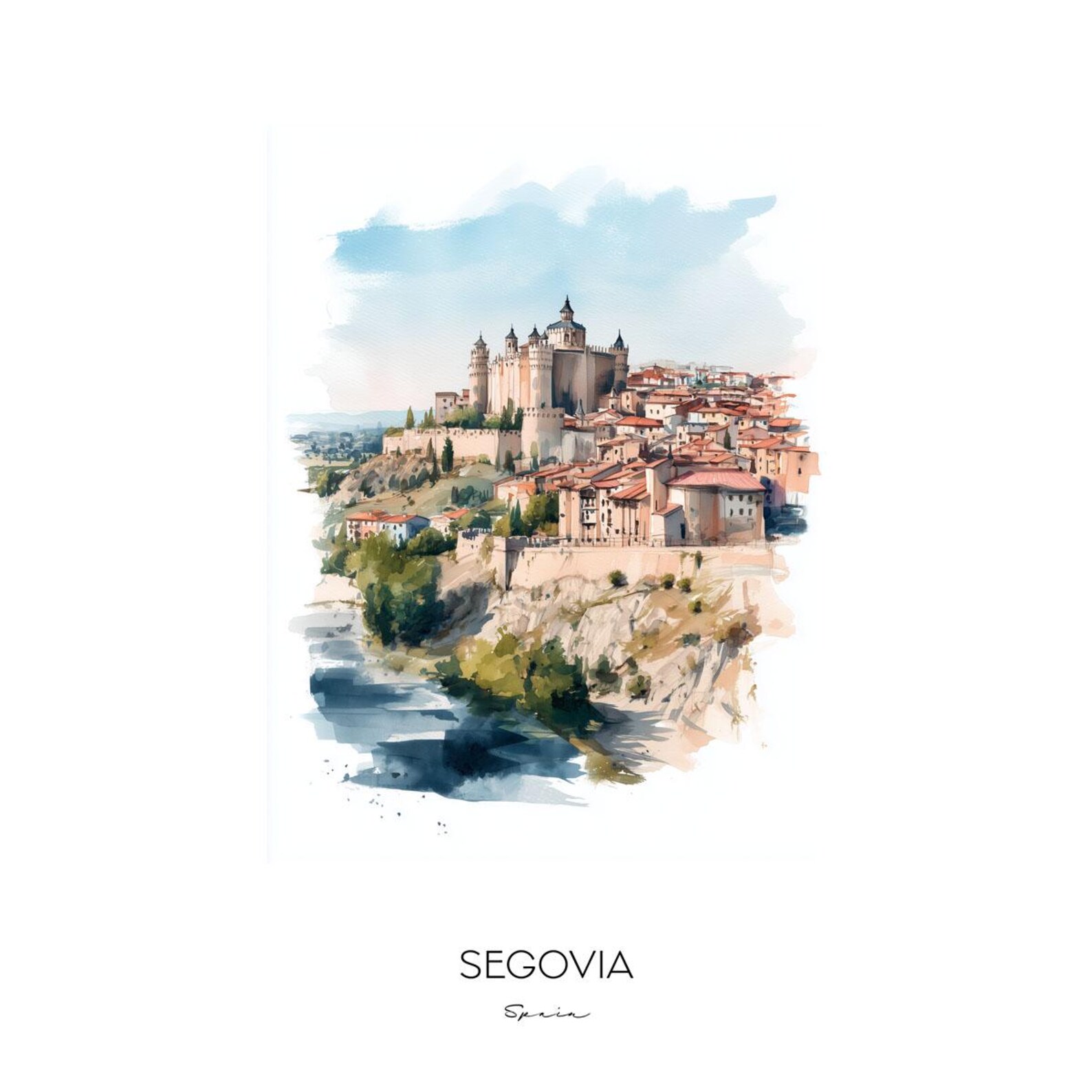 Segovia Spain Watercolor Art Print - Scenic Cityscape Wall Art Home ...