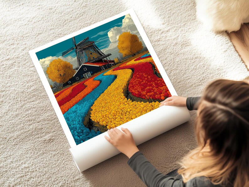 Netherlands Tulip Fields Vintage Travel Poster - Dutch Windmill Art ...