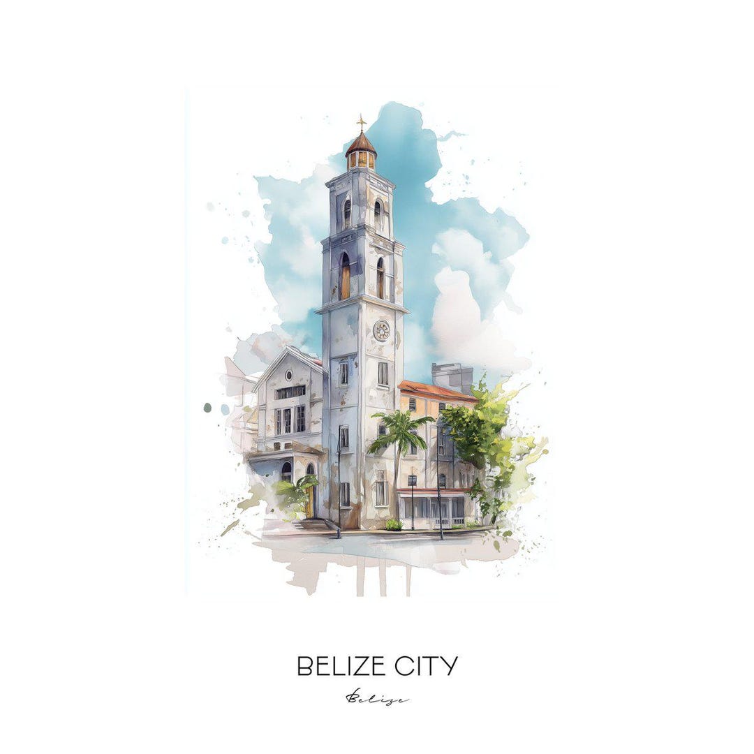 Belize City Belize Watercolor Art Print - Coastal Cityscape Wall Art ...