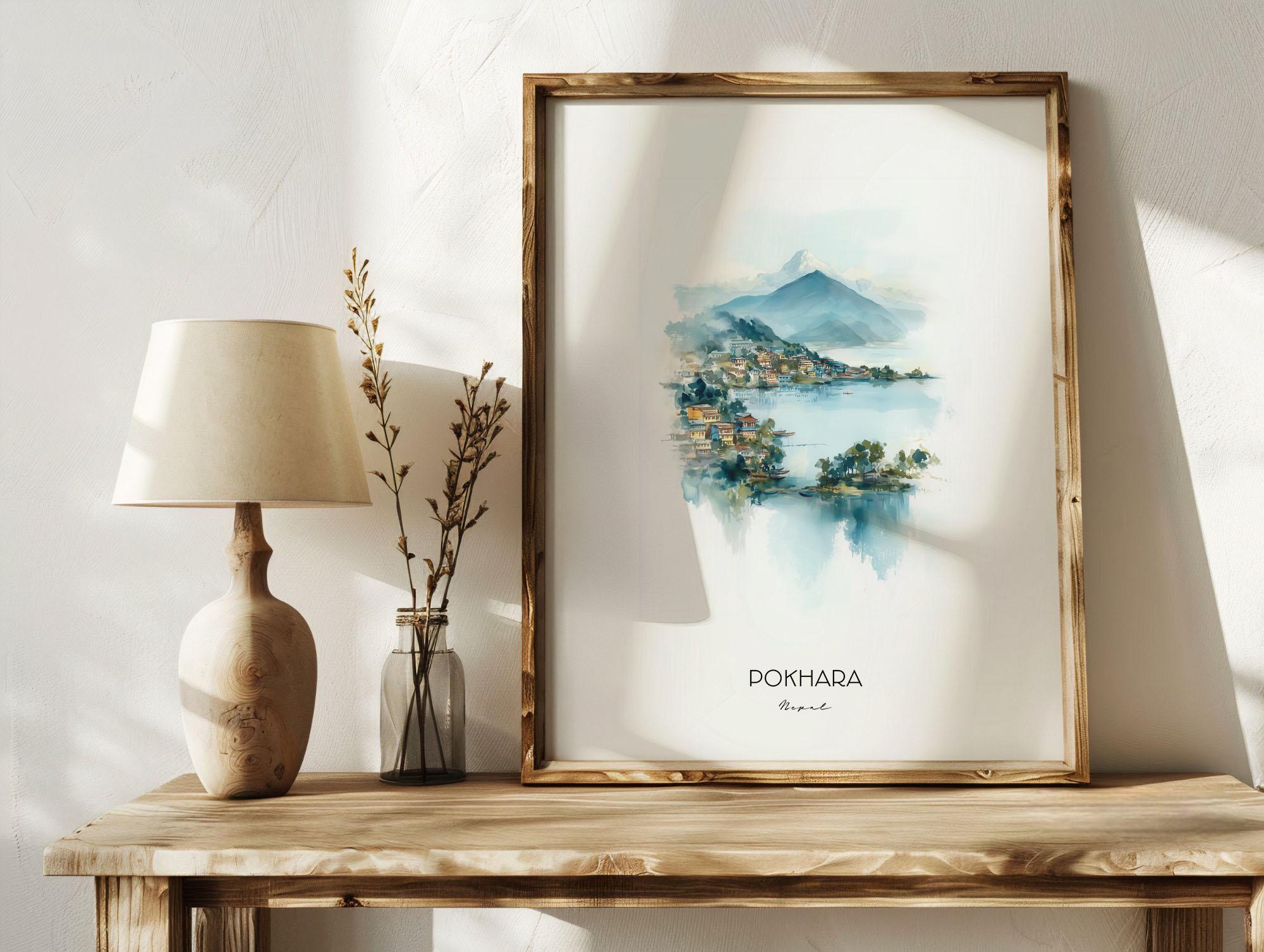 Pokhara Nepal Watercolor Art Print - Scenic Landscape Wall Art Home ...