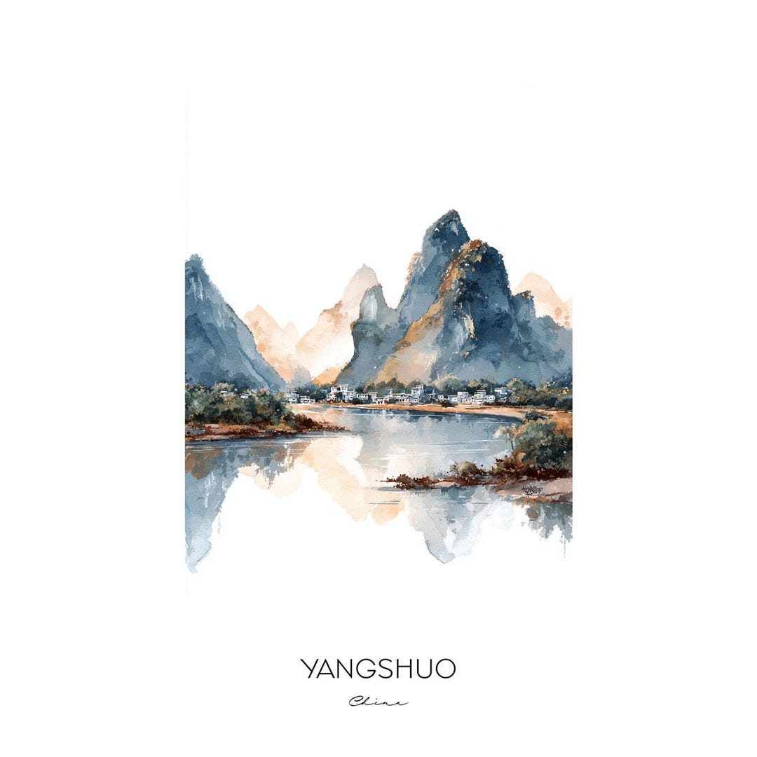 Yangshuo China Watercolor Art Print - Scenic Landscape Wall Art Home ...