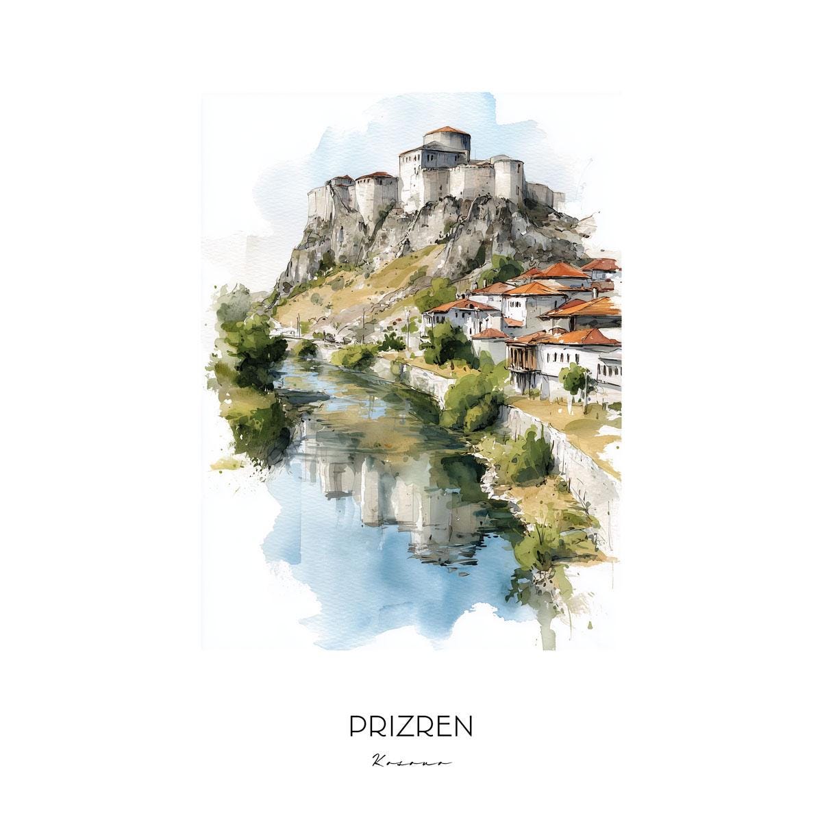Prizren Kosovo Watercolor Art Print - Cityscape Landscape Wall Art Home ...