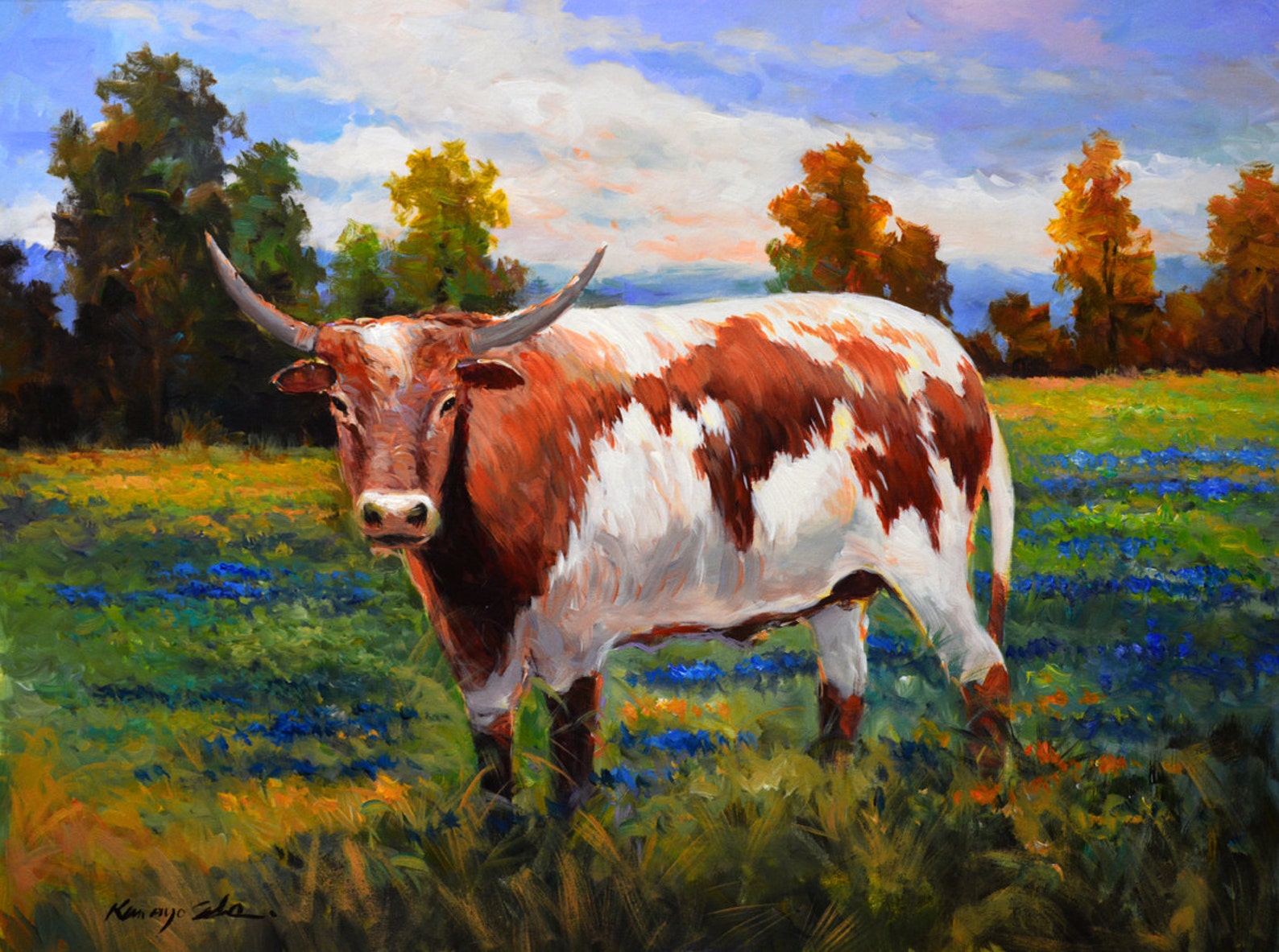 Texas Longhorn Ranch Cattle With Blue Bonnets Landscape Original ...