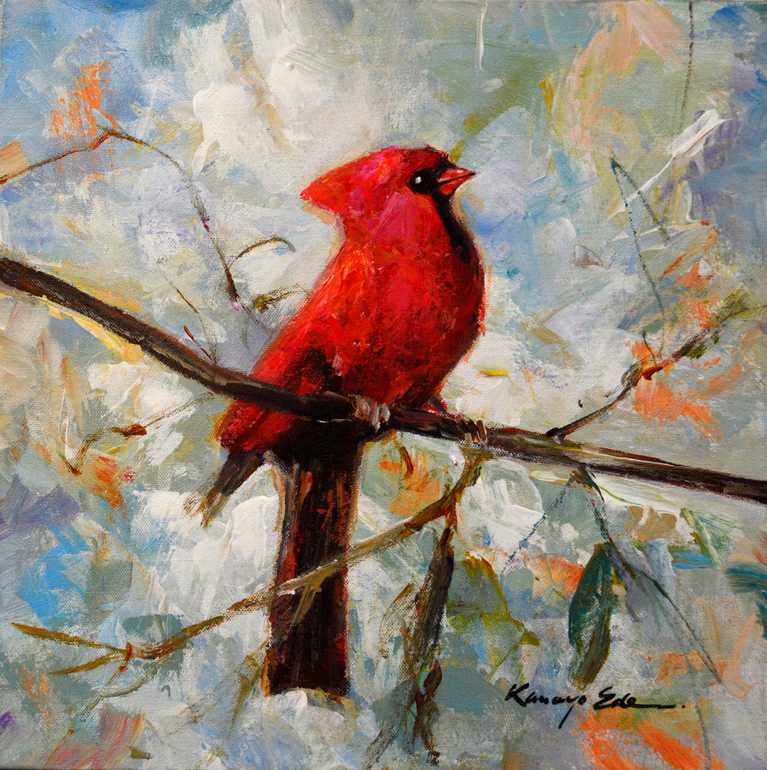 Red Cardinal Bird and Flowers Art Print on Canvas - Etsy