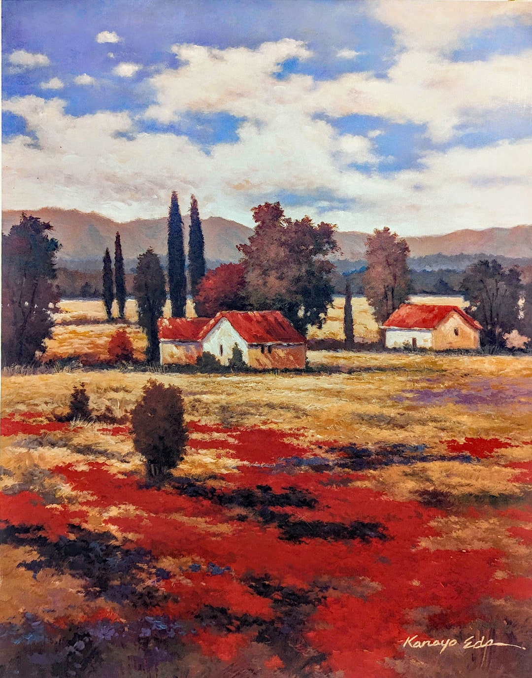 Red Roof House Poppy Field Landscape Lithograph Wall Art Print on Paper ...