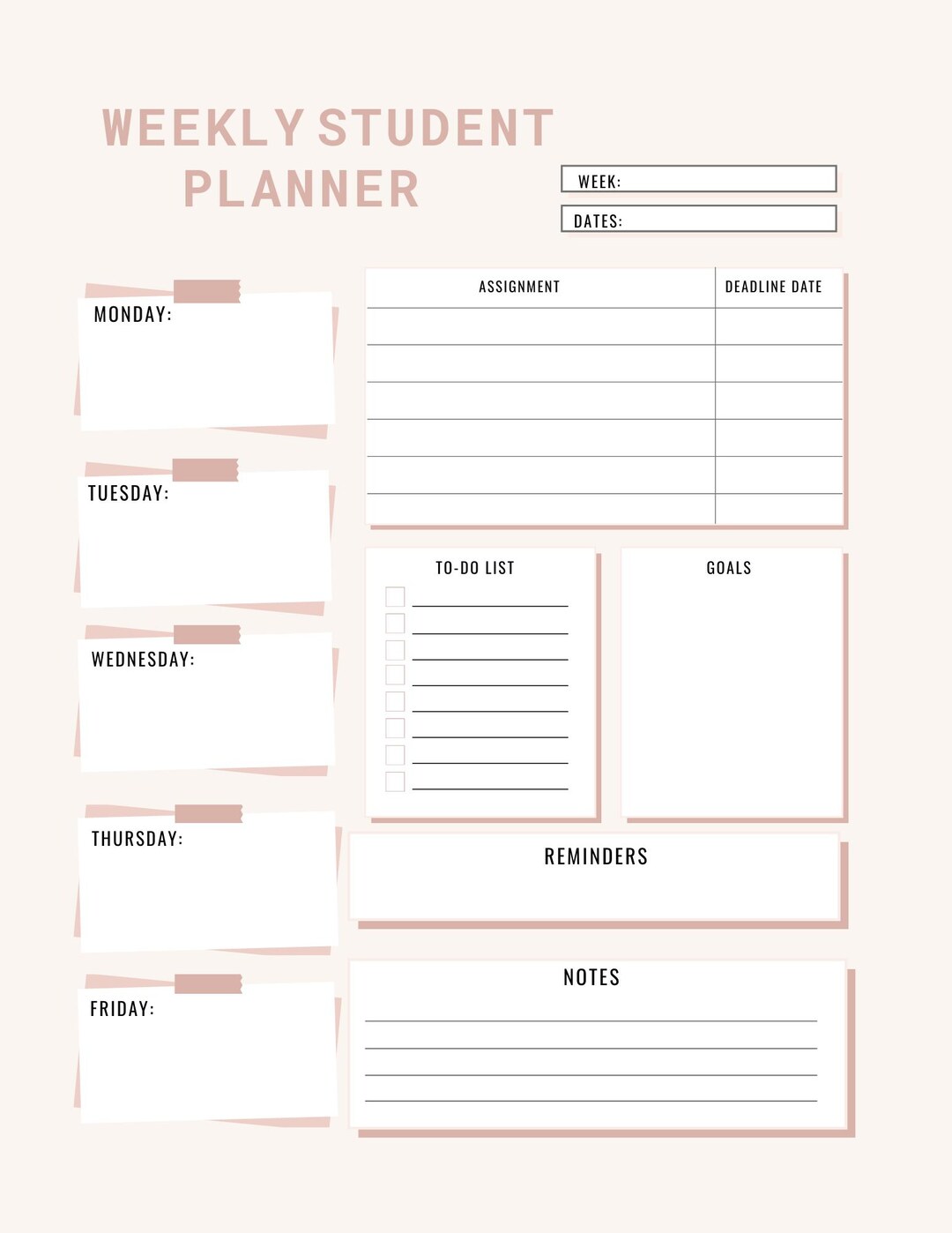 Weekly Student Planner, Printable Pdf Student Planner, Instant Download ...