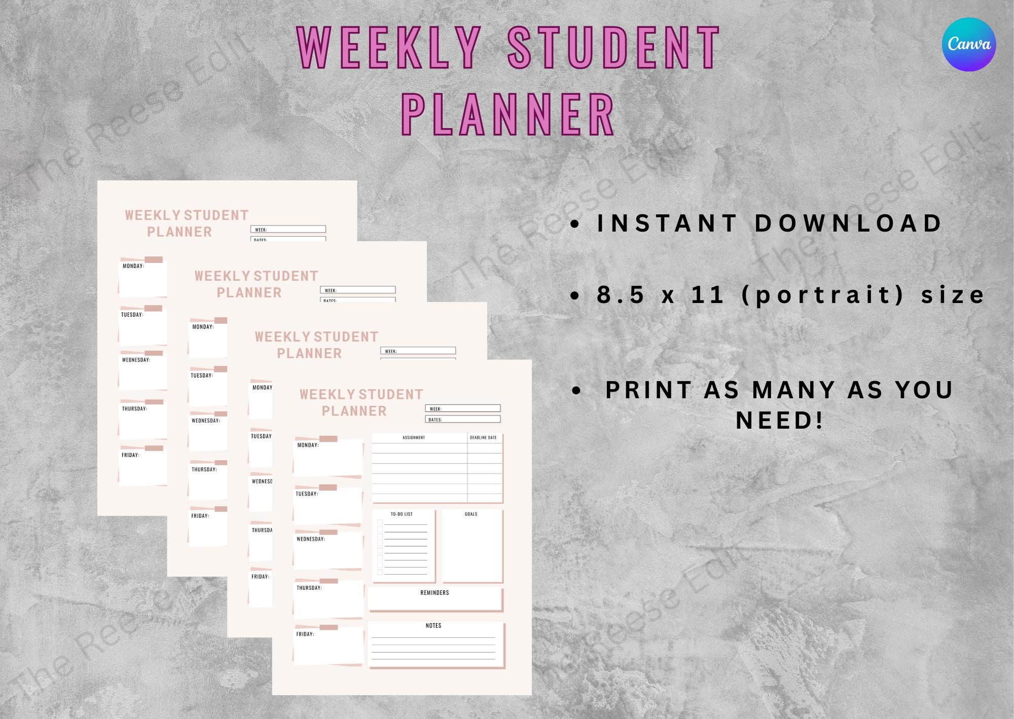 Weekly Student Planner, Printable Pdf Student Planner, Instant Download ...
