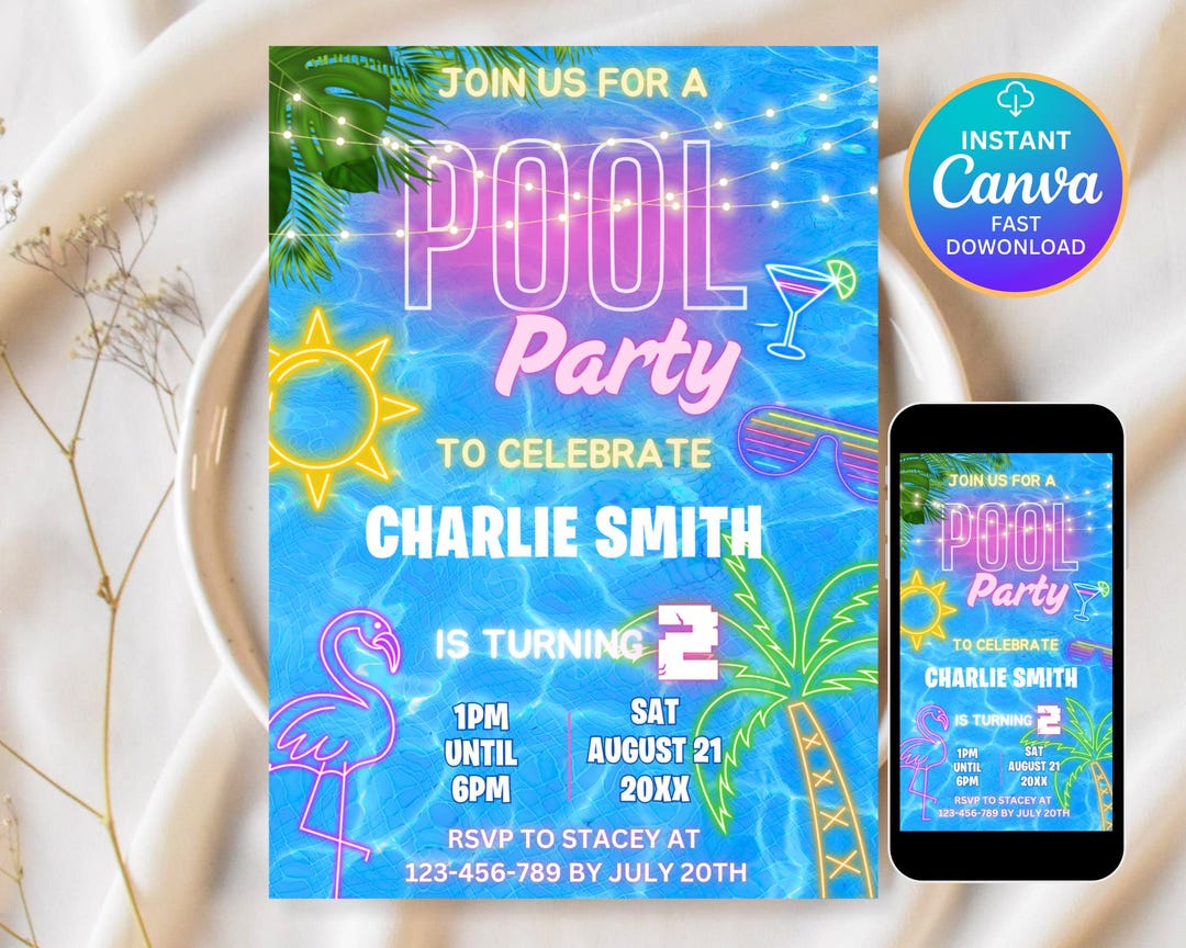 Pool Party Invitation, Text Invitation, iPhone Invitation, Neon Evite ...
