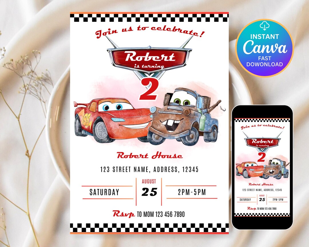 Cars Birthday Party Invitation, Lightning Mcqueen Birthday, Cars Party ...