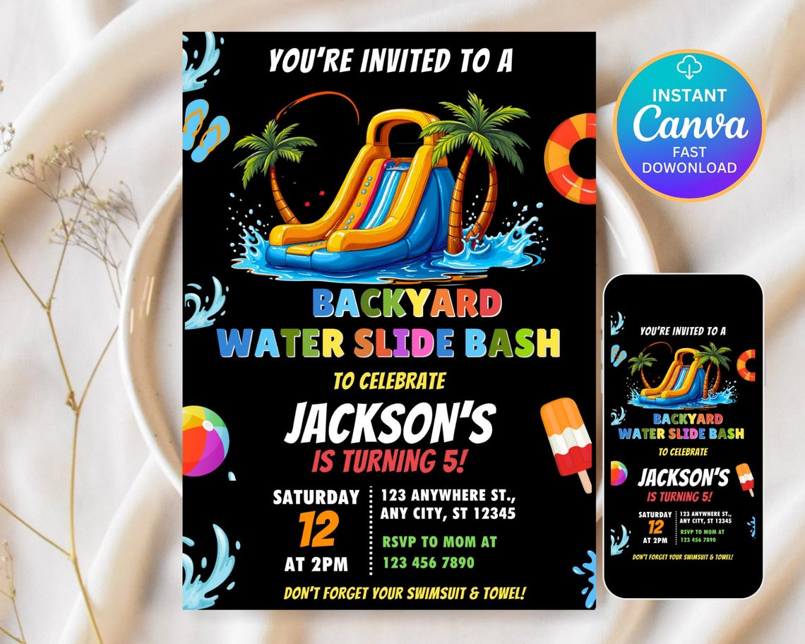 Editable Waterslide Birthday Invitation - Summer Pool Party - Splash ...