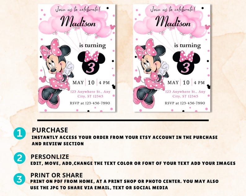 Editable Minnie Mouse Birthday Invitation, Minnie Mouse Birthday, 1st ...