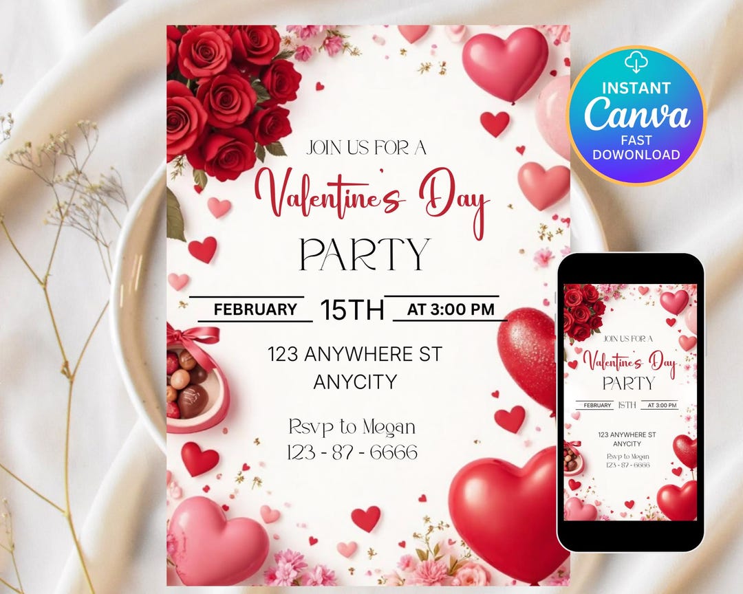Editable Valentine's Day Party Invitation, Heart & Balloon, Canva ...