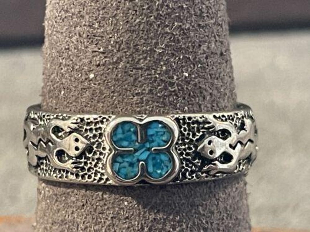 Lizards W/crushed Turquoise Four Leaf Clover Stainless Steel Ring Sz 5 ...