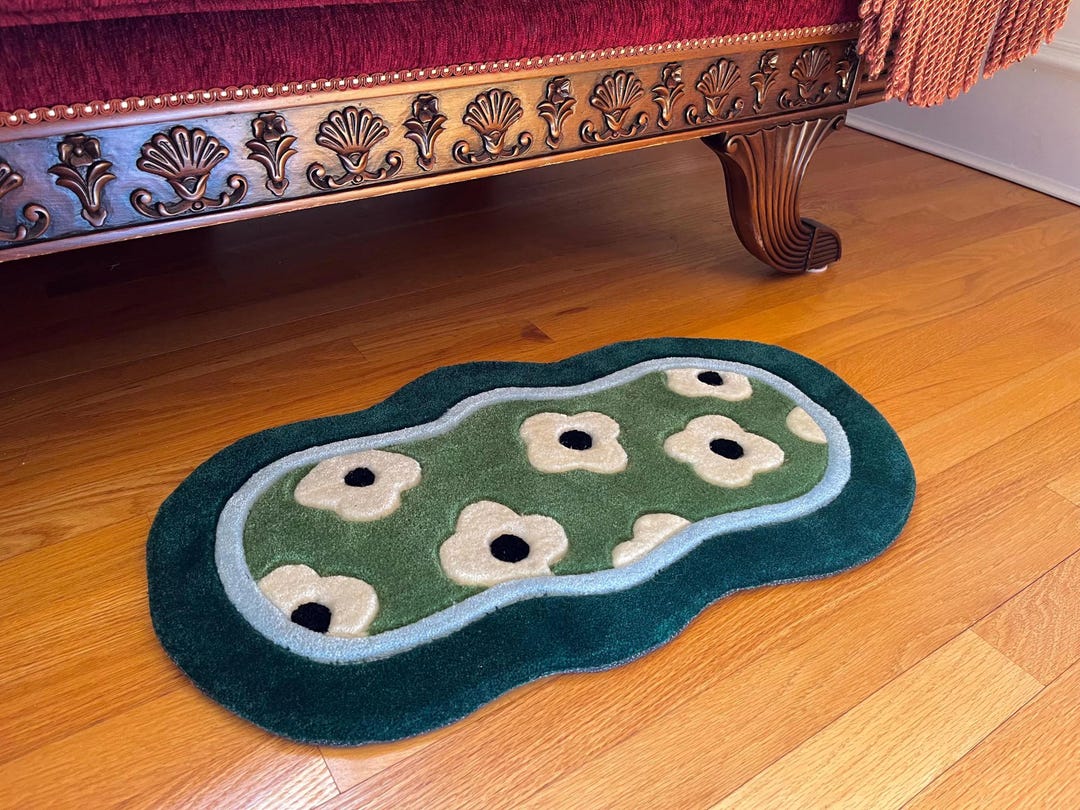 Retro Flower Hand Tufted Rug: Y2K Green Wavy Bedside Carpet - Etsy