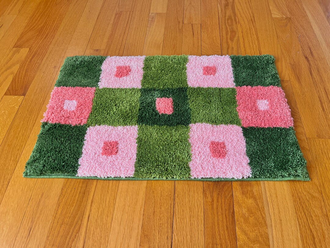 Fluffy Y2K Checkered Rug: Pink and Green Dorm Rug,door Mat,bed Side ...