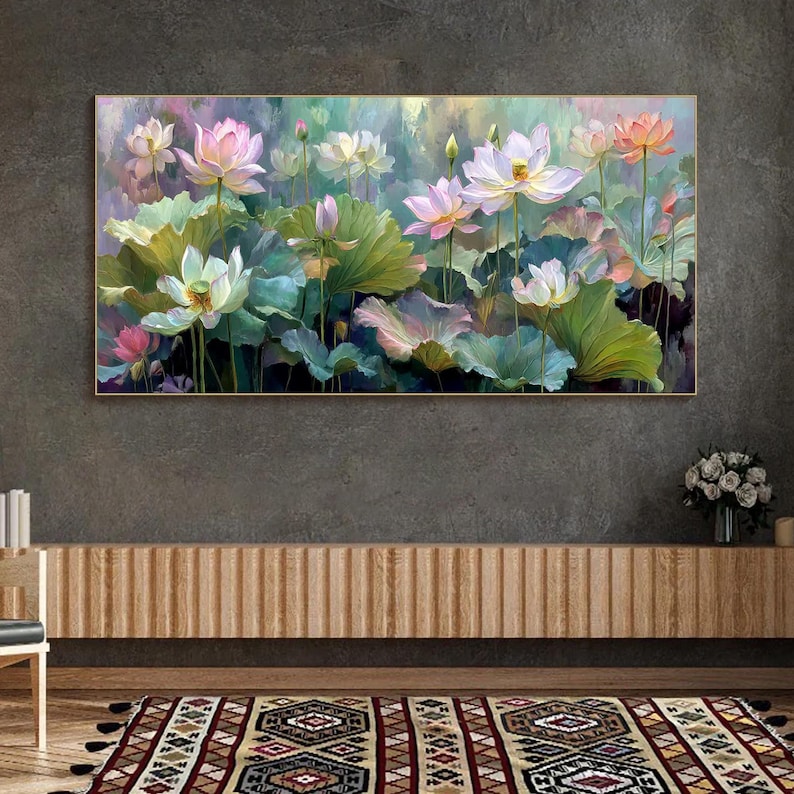 Original Abstract Lotus Flower Painting, Textured Impressionist Canvas ...
