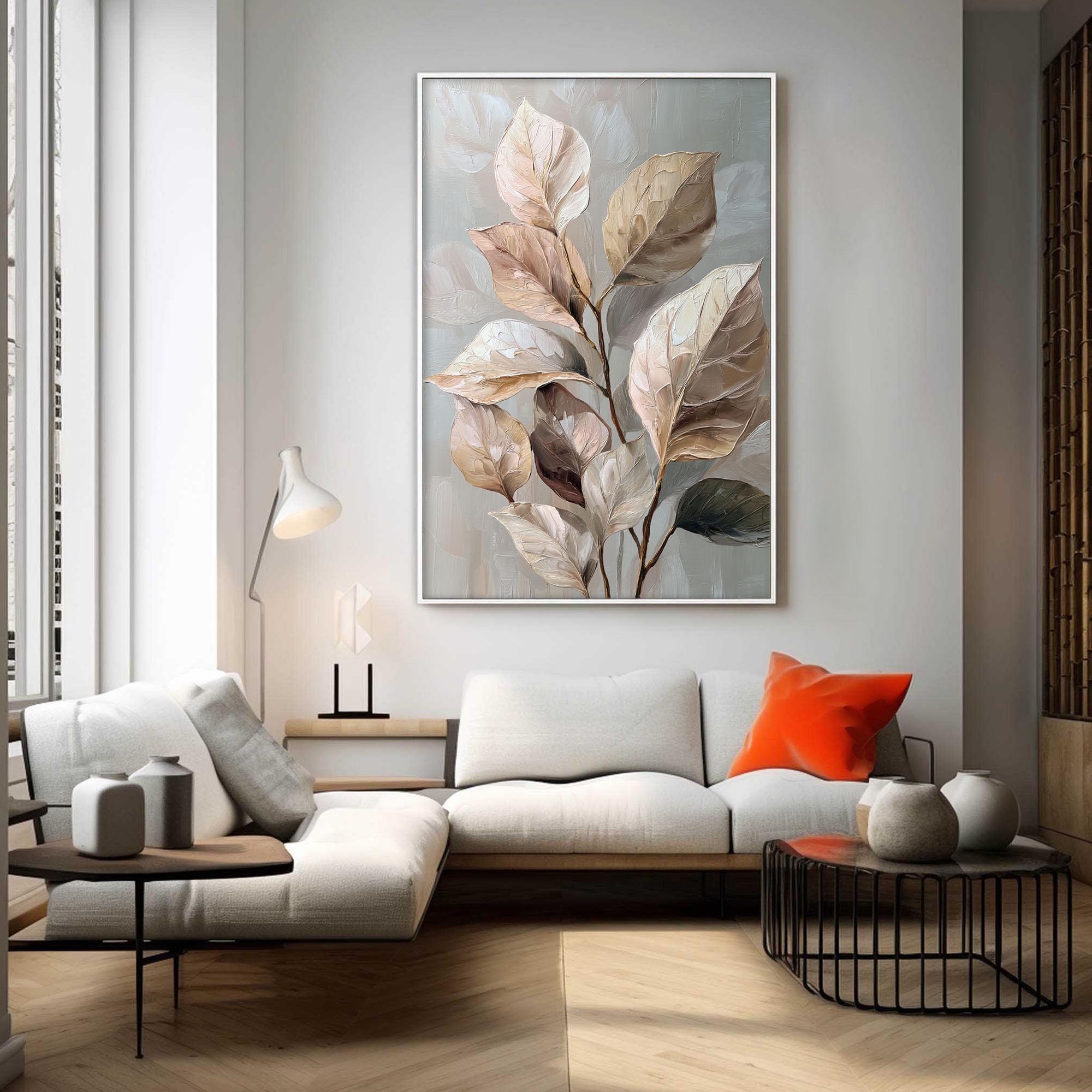 Hand-painted Textured Leaf Oil Painting, Neutral Tones Canvas Art ...