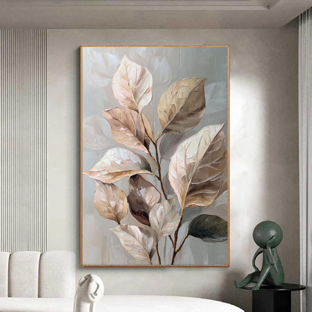 Hand-painted Textured Leaf Oil Painting, Neutral Tones Canvas Art ...