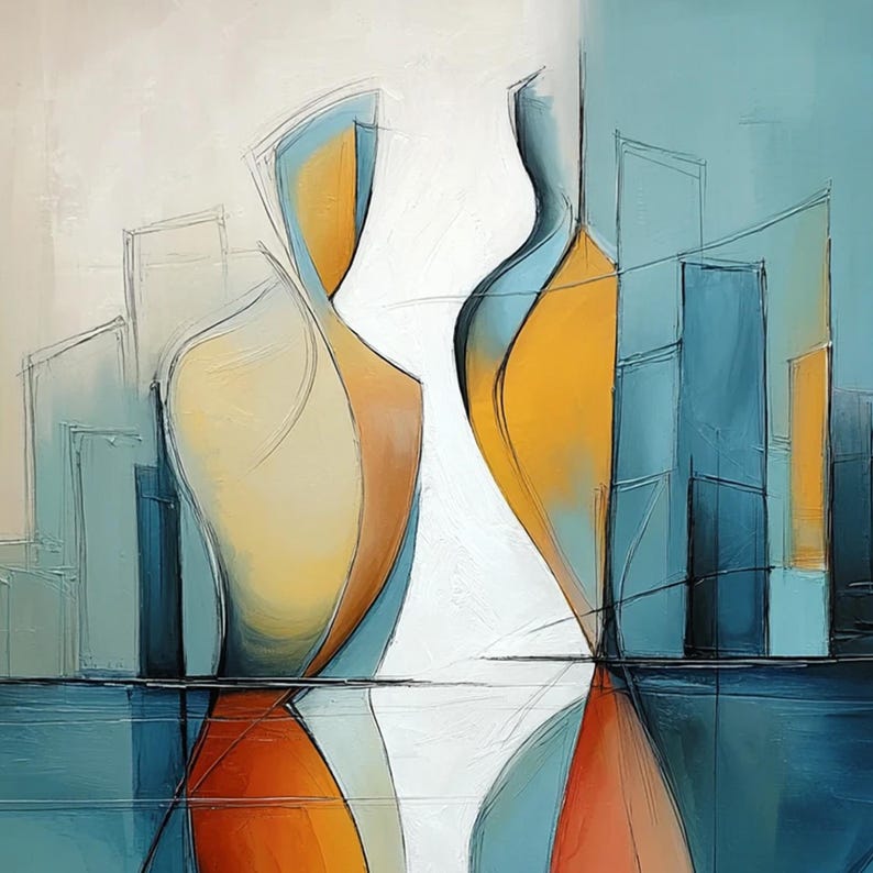 Abstract Figure Oil Painting, Geometric People, Blue Orange Canvas Art ...