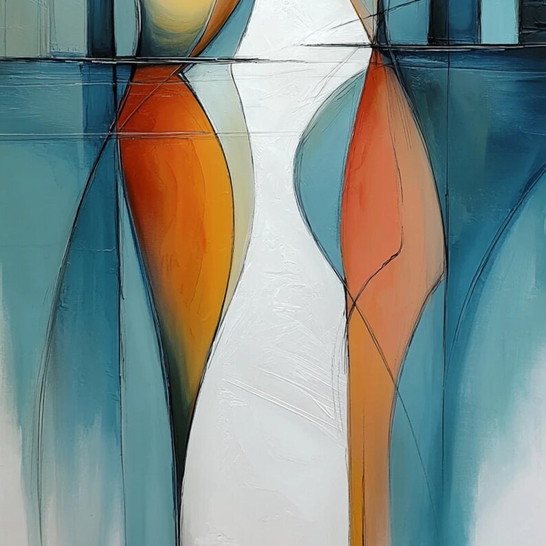 Abstract Figure Oil Painting, Geometric People, Blue Orange Canvas Art ...