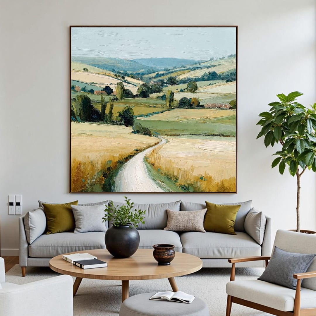 Abstract Rustic Countryside Landscape Painting, Golden Hills Green ...