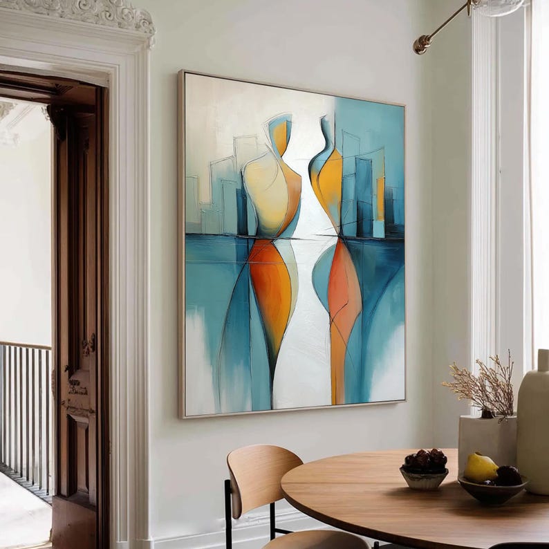 Abstract Figure Oil Painting, Geometric People, Blue Orange Canvas Art ...