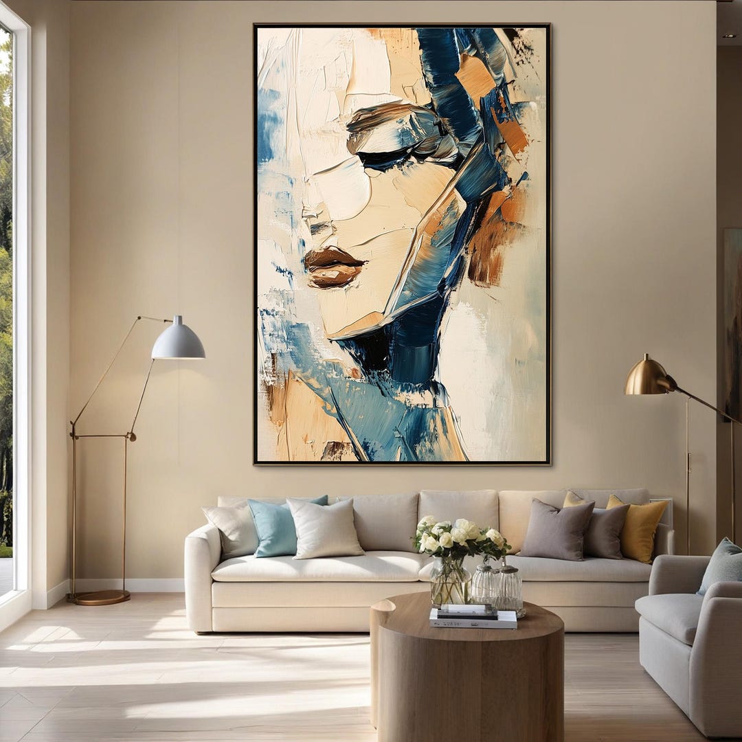 Large Abstract Beige Portrait Oil Painting on Canvas, Minimalist ...