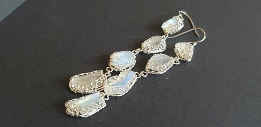 Burmese Moonstone Long Drop Fine Silver Chandelier Earrings - Etsy